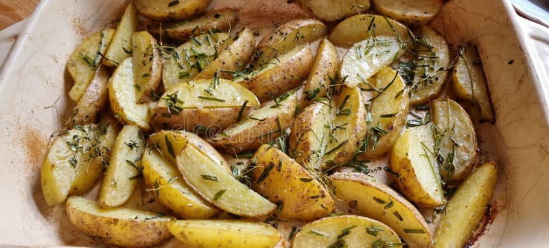 Fresh Potatoes Cooked in Long Pan Stock Photo - Image of french ...