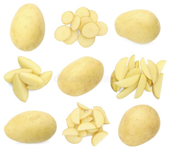 Fresh Potatoes Isolated on White, Set. Different Types of Cuts and ...