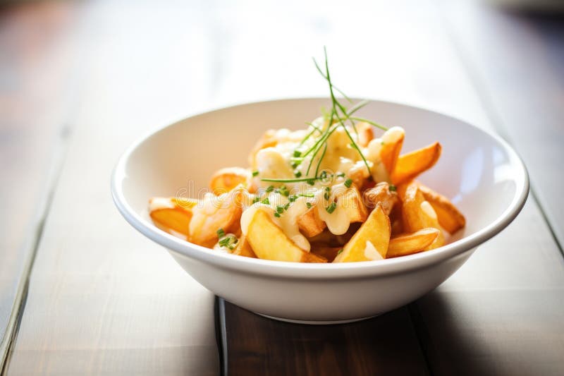 Fresh Poutine in a White Bowl, Cheese Curds Melting Stock Photo - Image ...
