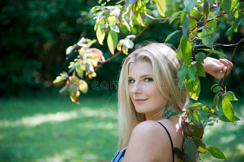 Fresh Pretty Spring Woman with Tree Branch Stock Photo - Image of ...