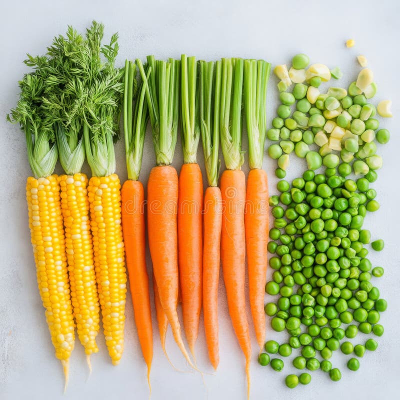 Fresh Produce Arrangement of Corn, Carrots, and Peas Stock Illustration ...