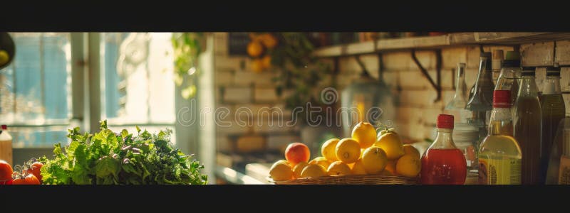 Fresh Produce Bottles Sunlit Rustic Kitchen Stock Photos - Free ...