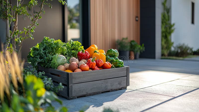 A Fresh Produce Box Arranged Neatly on a Doorstep in Front of a Modern ...