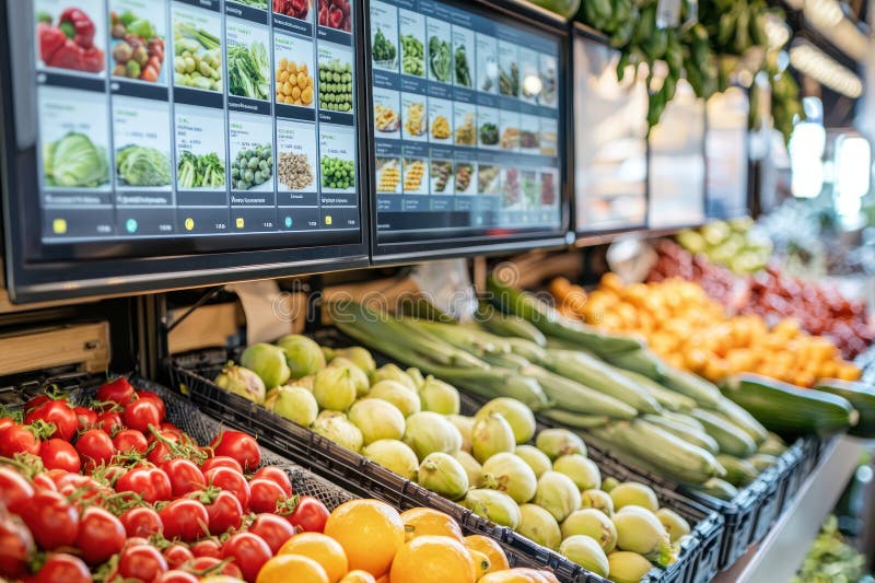 Fresh Produce Display with Digital Dashboard Showing Inventory Metrics ...