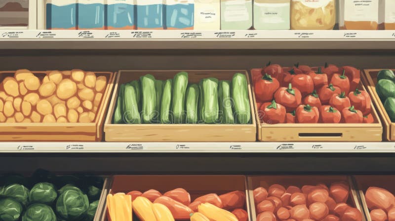 Fresh Produce Display at Grocery Store Stock Illustration ...