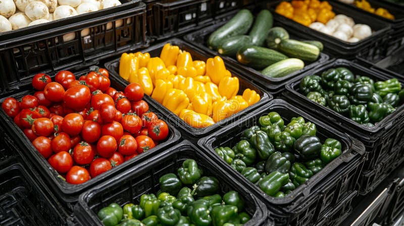 Fresh Produce Displayed in Black Plastic Bins Stock Photo - Image of ...