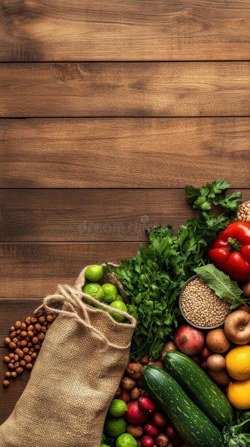 Fresh Produce and Grains on Wooden Background Stock Image - Image of ...