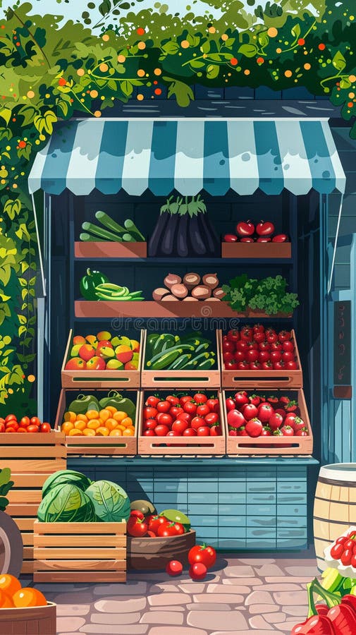 Fresh Produce Market Flat Design Front View Rustic Theme Animation ...