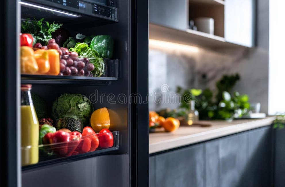 Fresh Produce in Modern Kitchen Refrigerator with Interior Design Focus ...