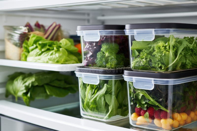 Fresh Produce in Reusable Containers in the Fridge Stock Image - Image ...