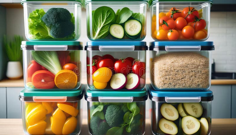 Fresh Produce Stored in Organized Glass Containers on a Kitchen Counter ...