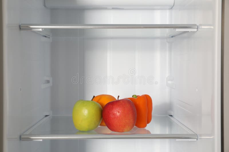 Fresh Products on Shelf Inside Modern Refrigerator Stock Photo - Image ...