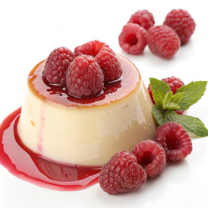 Fresh Pudding Custard with Raspberry Isolated on White Background Stock ...