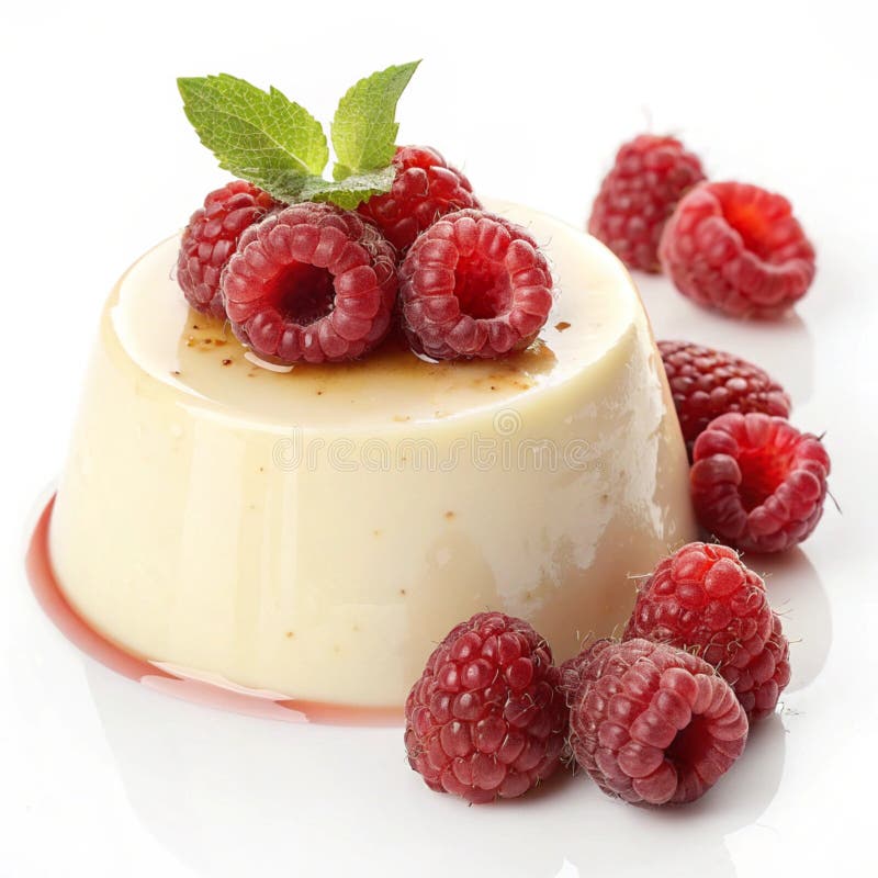Fresh Pudding Custard with Raspberry Isolated on White Stock ...