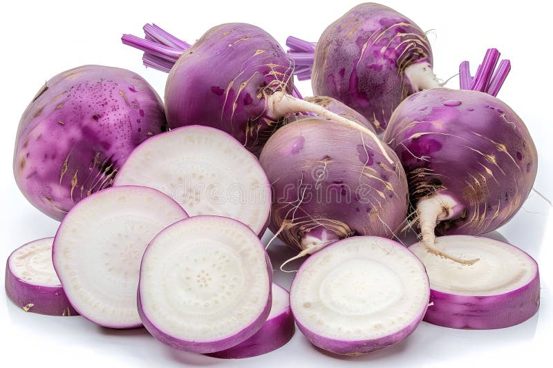 Fresh Purple Turnips Sliced and Whole on White Background Stock ...