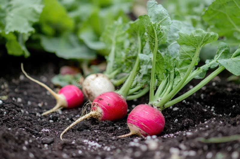Fresh Radish Plants Sprouting from the Earth, Surrounded by Soil and ...