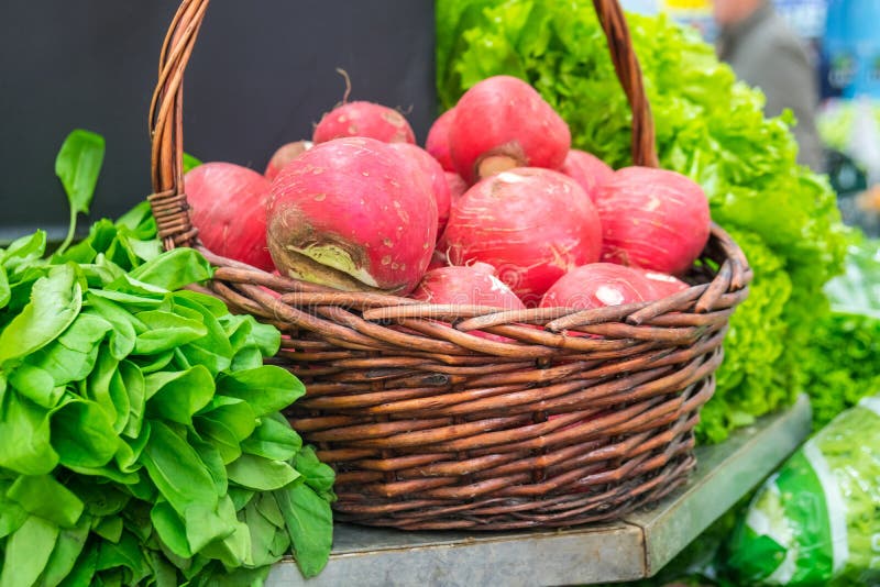 Fresh Radish in Wicker Baskets on the Counter of Market Stock Image ...