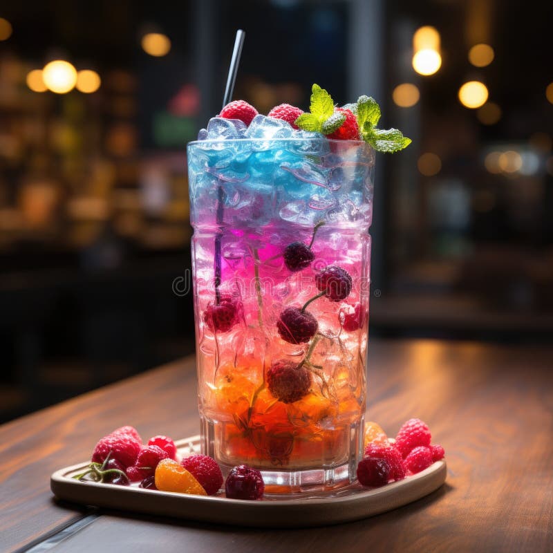 Fresh Rainbow Transparent Cocktail with Raspberry and Citrus Stock ...