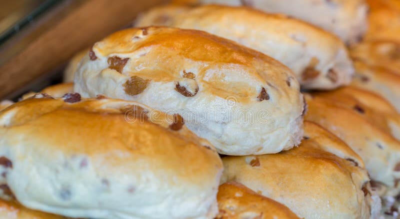 Fresh raisin buns stock photo. Image of blur, delicious - 80443558