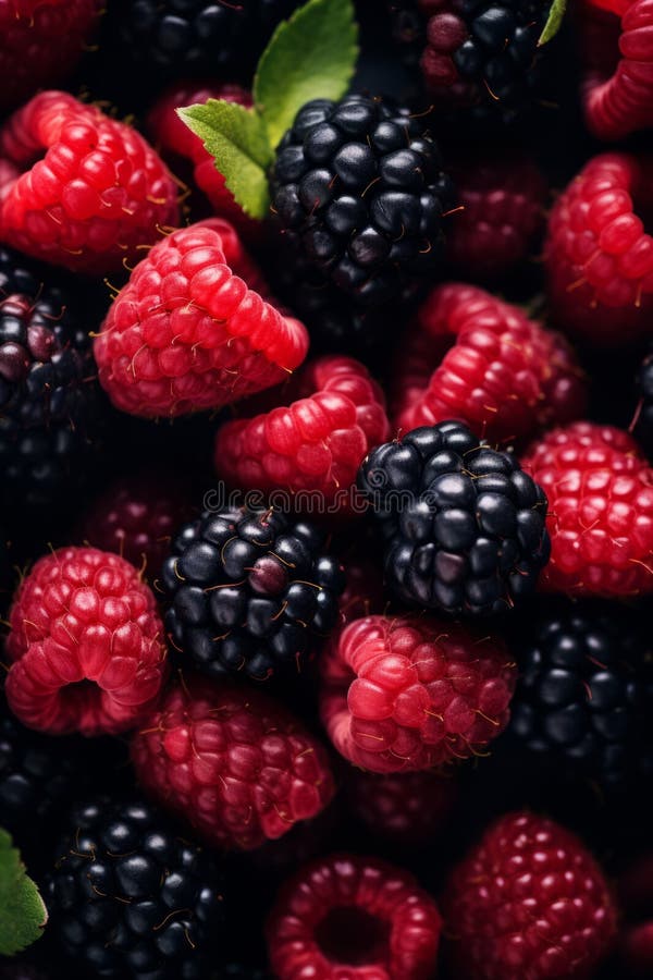 Fresh Raspberries and Blackberries on a Black Background Stock ...