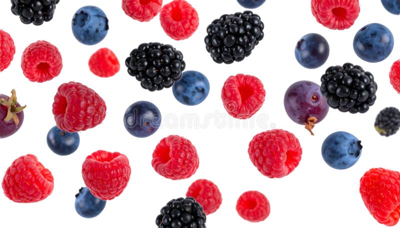 Fresh Raspberries, Blueberries and Blackberries Falling on Transparent ...