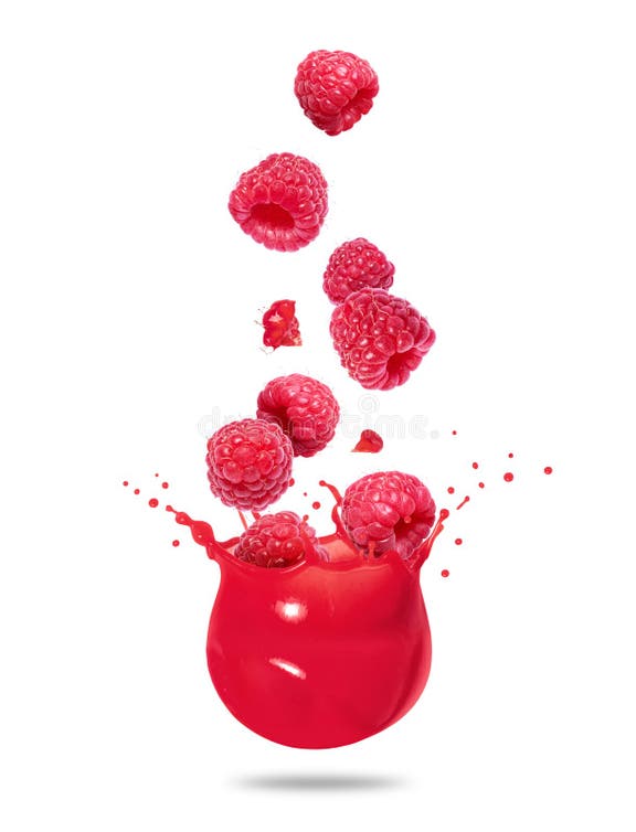 Fresh Raspberries Falling in Splashes of Juice Isolated on White ...