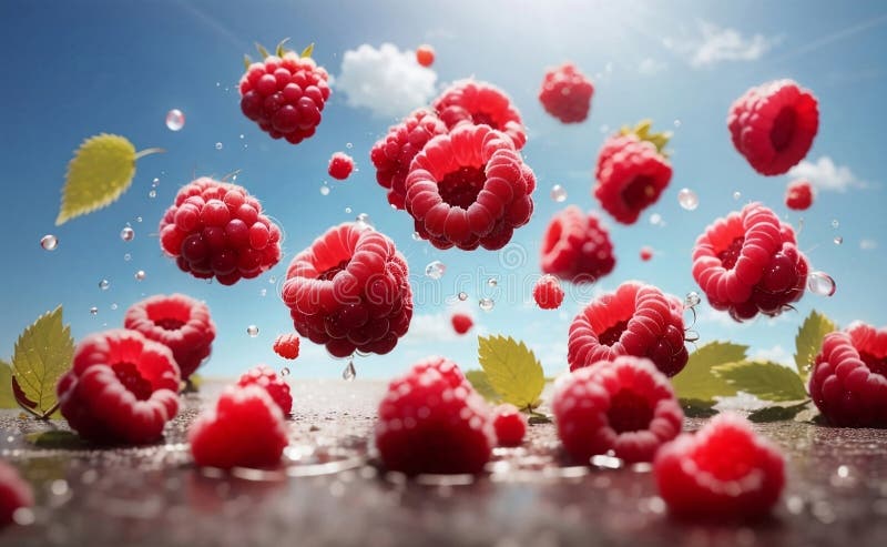 Fresh Raspberries Flying Isolated on Daylight Background Stock ...