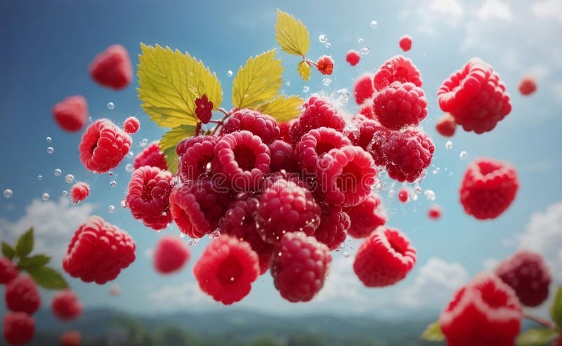 Fresh Raspberries Flying Isolated on Daylight Background Stock ...