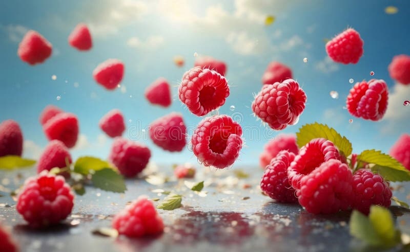 Fresh Raspberries Flying Isolated on Daylight Background Stock ...