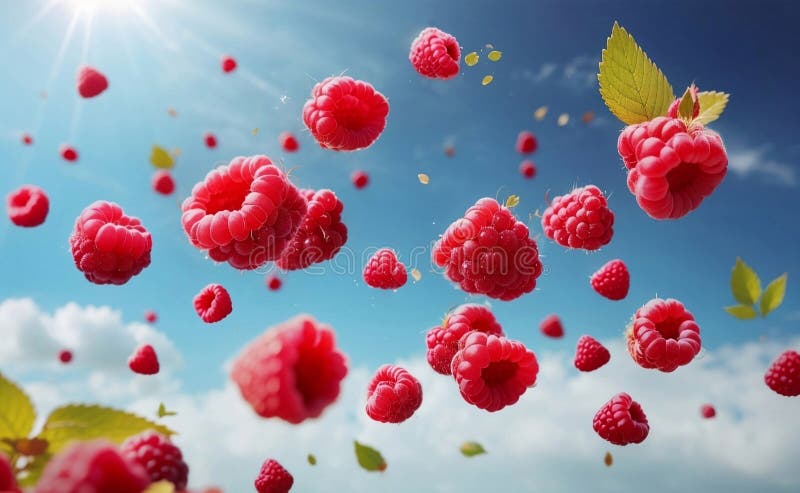 Fresh Raspberries Flying Isolated on Daylight Background Stock ...