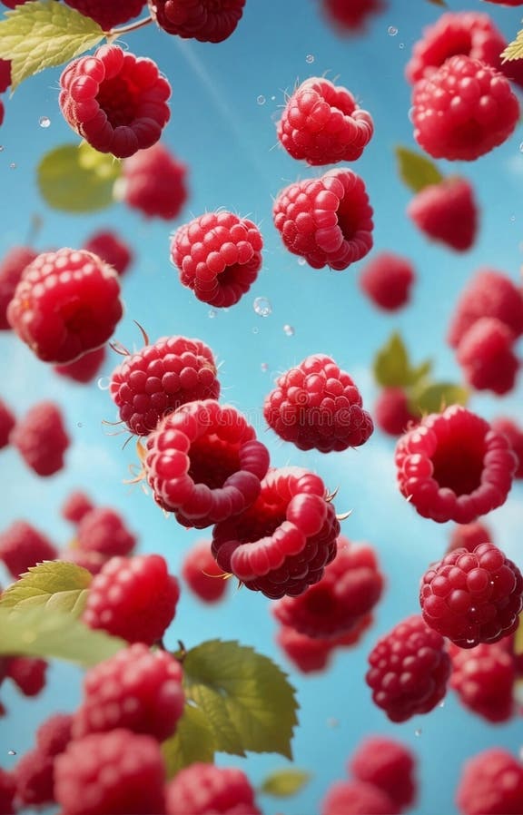 Fresh Raspberries Flying Isolated on Daylight Background Stock ...
