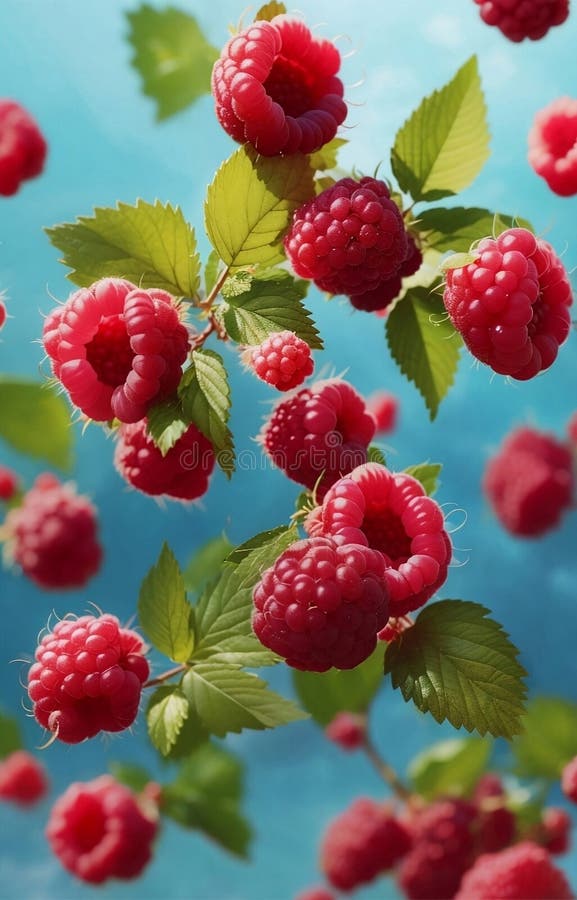 Fresh Raspberries Flying Isolated on Daylight Background Stock ...