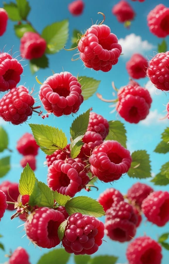 Fresh Raspberries Flying Isolated on Daylight Background Stock ...
