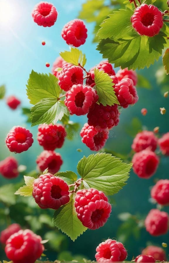 Fresh Raspberries Flying Isolated on Daylight Background Stock ...