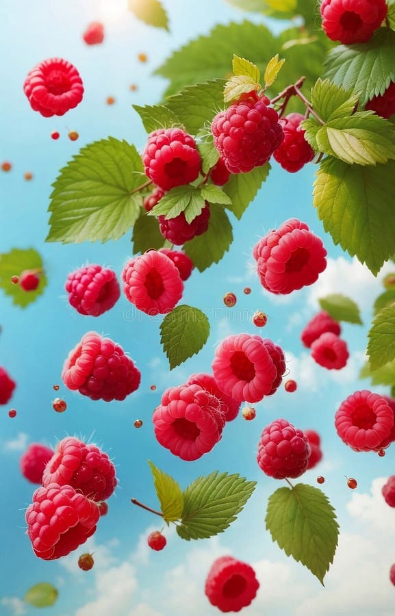 Fresh Raspberries Flying Isolated on Daylight Background Stock ...