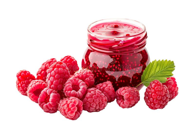 Fresh Raspberries and a Jar of Raspberry Jam with Green Leaves Isolated ...