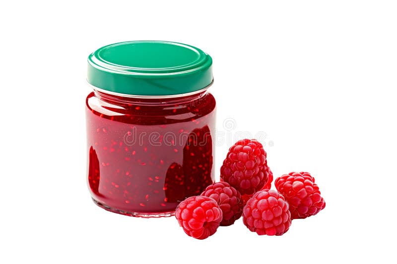 Fresh Raspberries and a Jar of Raspberry Jam with Green Leaves Isolated ...