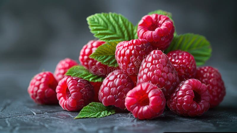 Fresh Raspberries with Leaves Stack on White Background Stock ...
