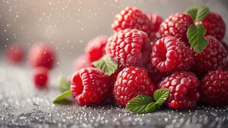 Fresh Raspberries with Leaves Stack on White Background Stock ...