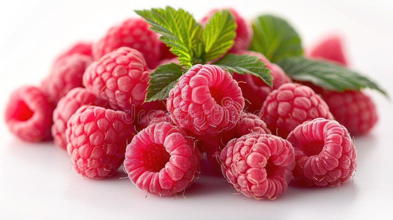 Fresh Raspberries with Leaves Stack on White Background Stock ...