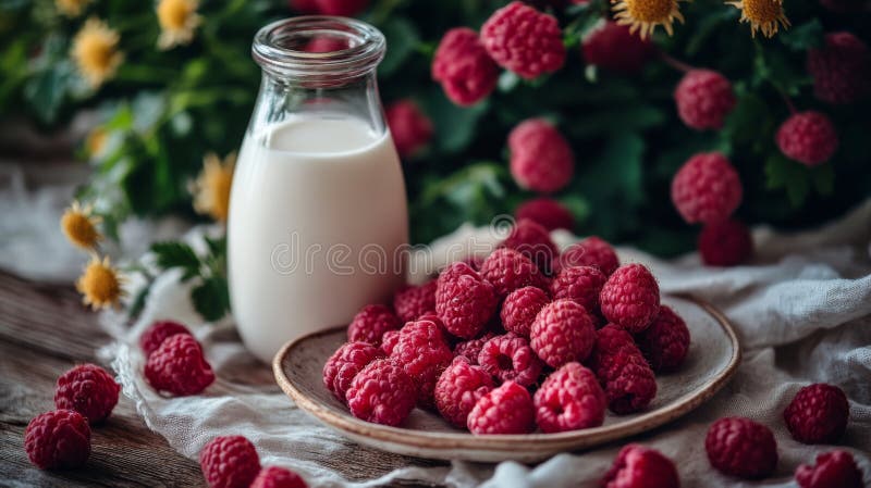 Fresh Raspberries and Milk on a Rustic Tabletop Stock Illustration ...