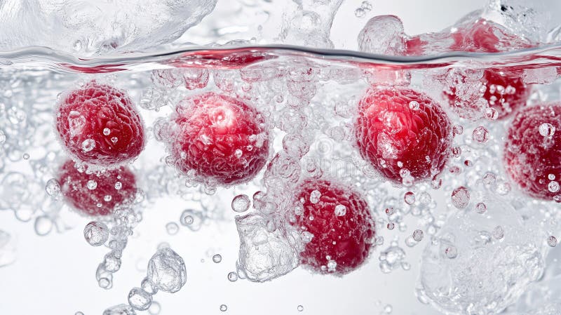 Fresh Raspberries Splash into Clear Water Creating Bubbles and Ripples ...