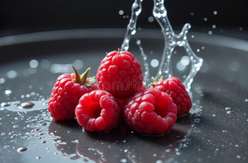 Fresh Raspberries Splashed with Water on a Dark Surface, Showcasing ...