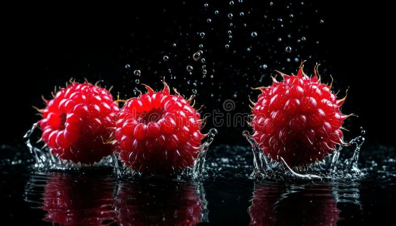 Fresh Raspberries Splashing into Water on Black Background Stock Photo ...