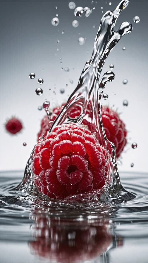 Fresh Raspberries Splashing into Water, Creating Dynamic Droplets and ...