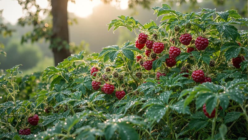 Fresh Raspberries on the Vine Glinting with Dew in Morning Light Stock ...