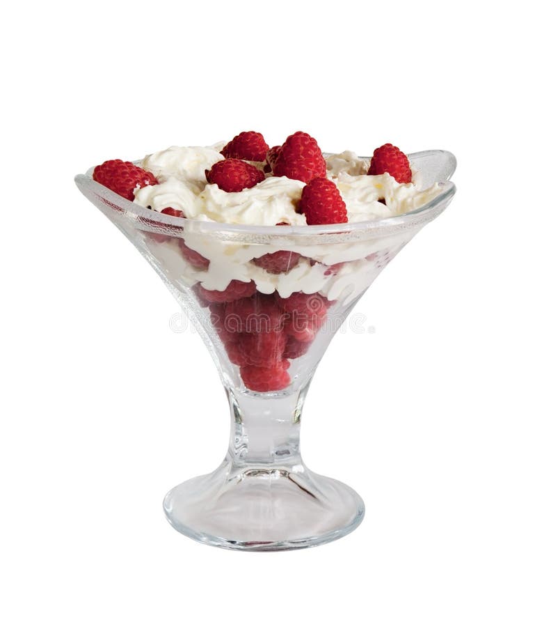 Fresh Raspberries with Whipped Cream in Glass Bowl Isolated Stock Photo ...