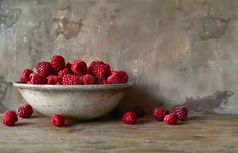 Fresh Raspberries in White Bowl on Wooden Table. Generative by AI Stock ...