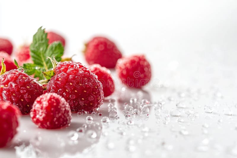 Fresh Raspberries on a White Surface. Bright Red Berries with Water ...