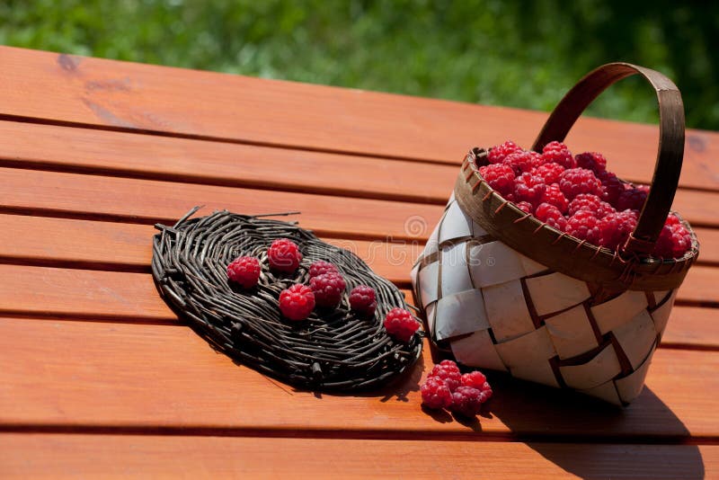 Fresh Raspberry in a Basket on Wooden Table Stock Photo - Image of ...